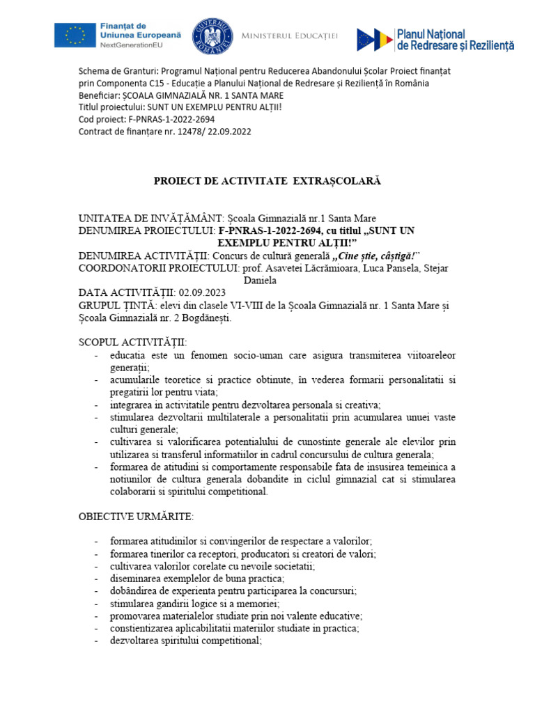 Proiect Concurs Cultura Generala | PDF