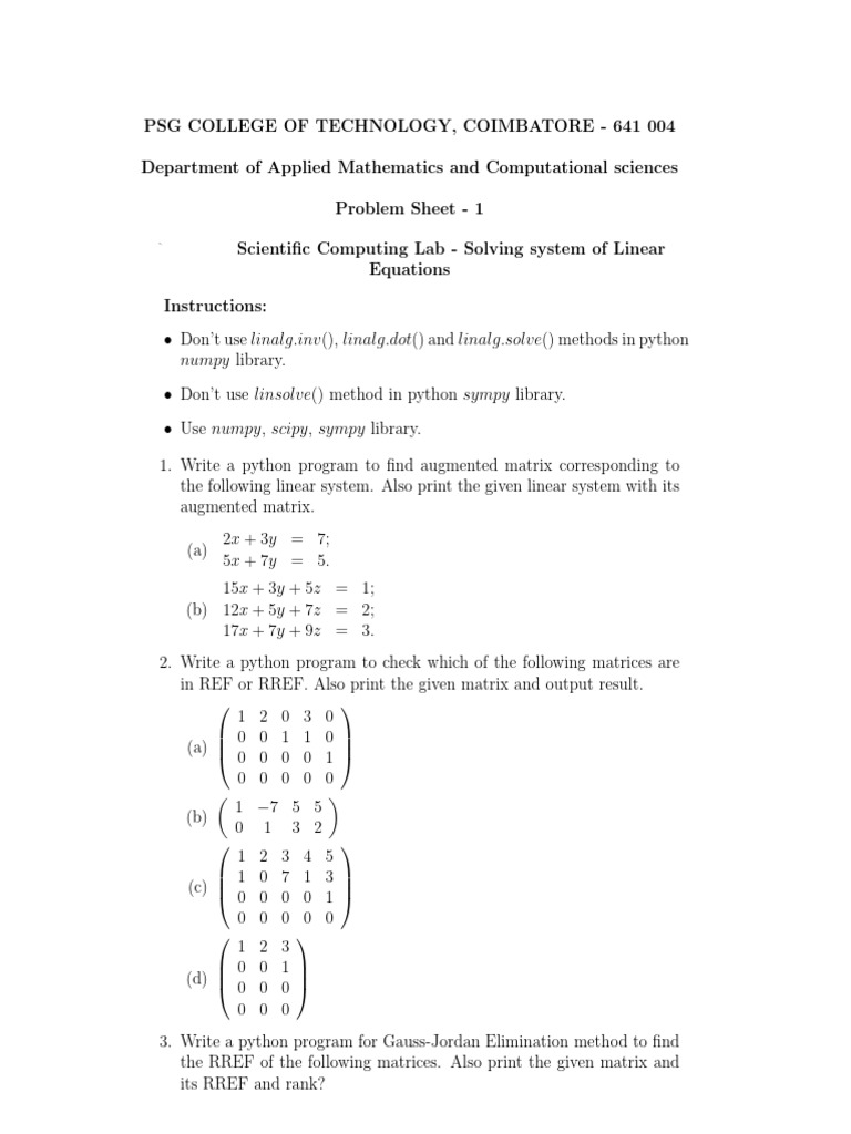 System of Linear Equations - Problem Sheet - 1 | PDF | Matrix (Mathematics) | System Of Linear ...