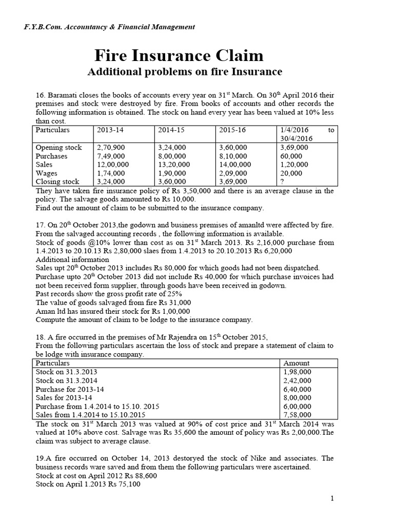 Additional Problems On Fireinsurance | PDF | Stocks | Cost