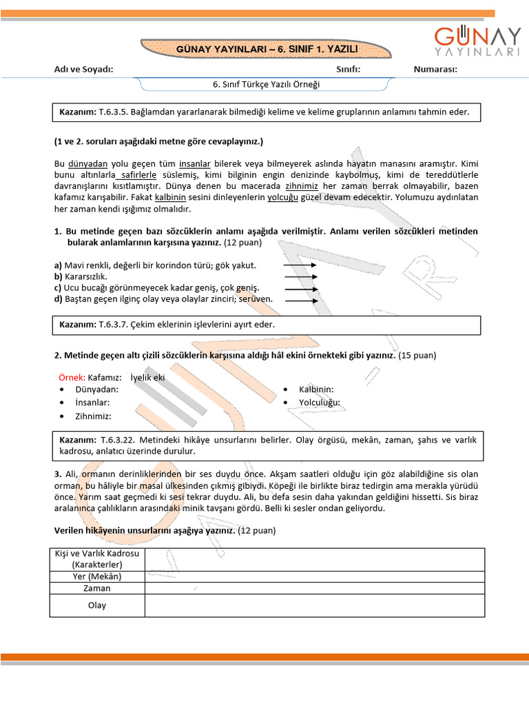 Donem 6. Sinif 1.turkce Yazilisi | PDF