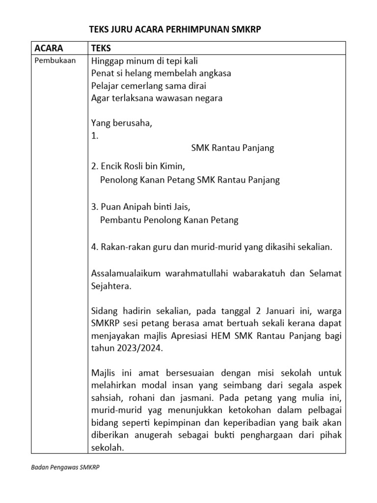 Teks Juru Acara Majlis SMKRP 2023/2024 | PDF | Agama & Spiritualitas