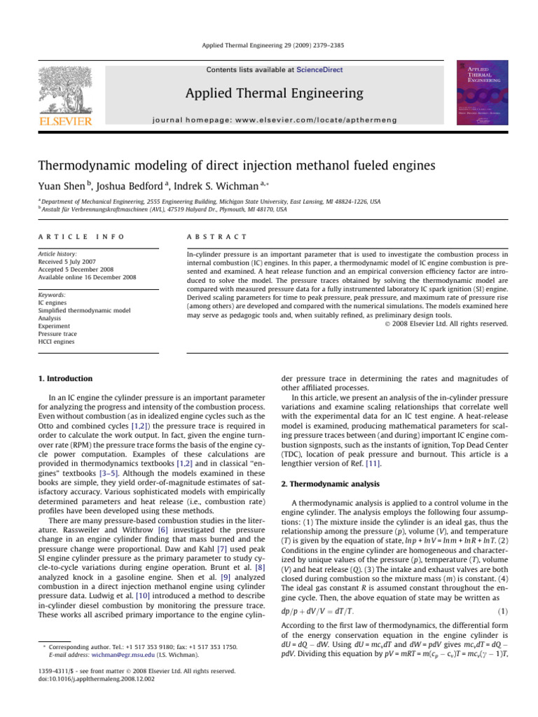 2009 Thermodynamic Modeling of Direct Injection Methanol Fueled Engines ...