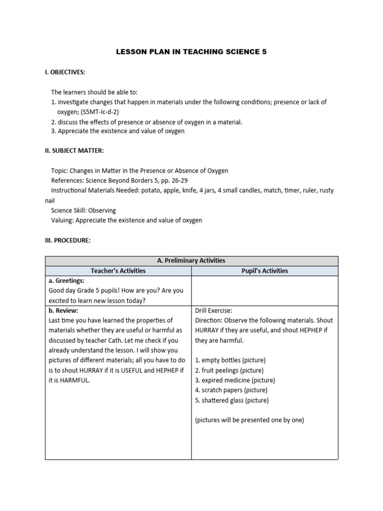 Science Lesson Plan: Oxygen Effects | PDF | Rust | Candle