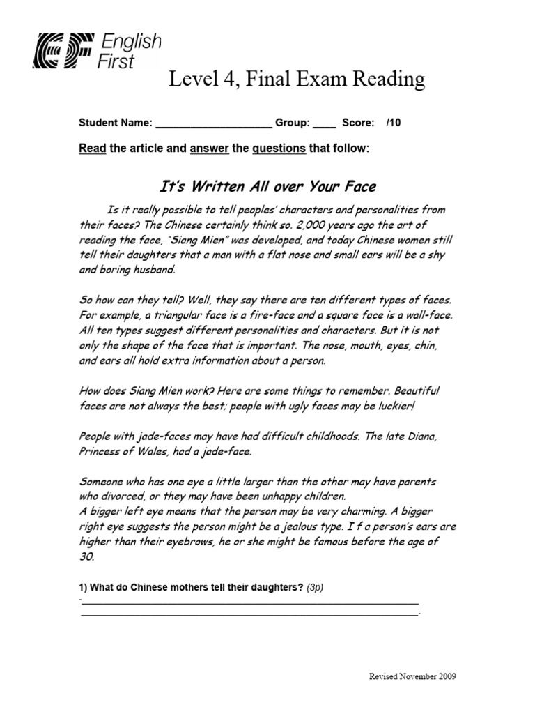 Reading Test Level 4 | PDF