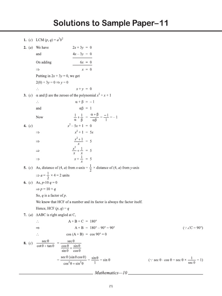Cbse cl10 Ead Mathematics Standard Solutions To Sample Paper 11 | PDF
