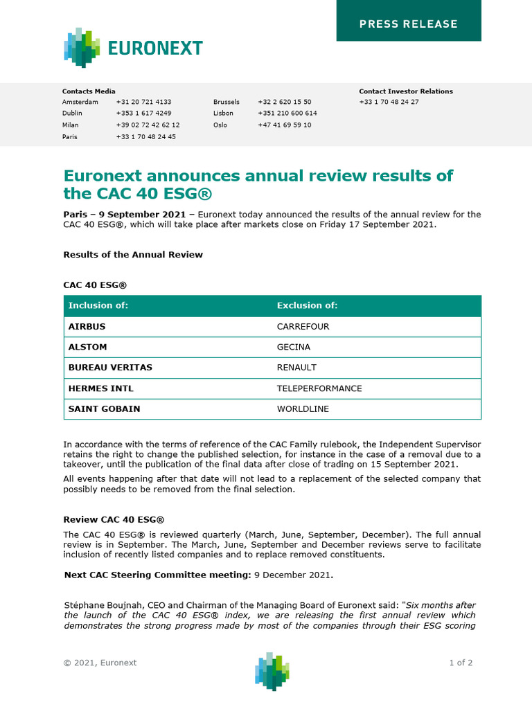 PR - Annual Index Review - CAC 40 ESG | PDF | Stock Market Index | Financial Markets