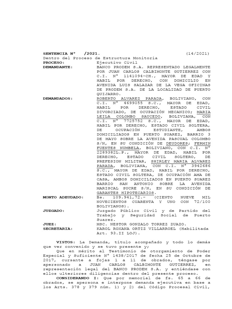 02 Ejecutivo Bco Prodem Alvarez 14-21 | PDF | Ley procesal | Justicia 02 Ejecutivo Bco Prodem Alvarez 14-21 | PDF | Ley procesal | Justicia