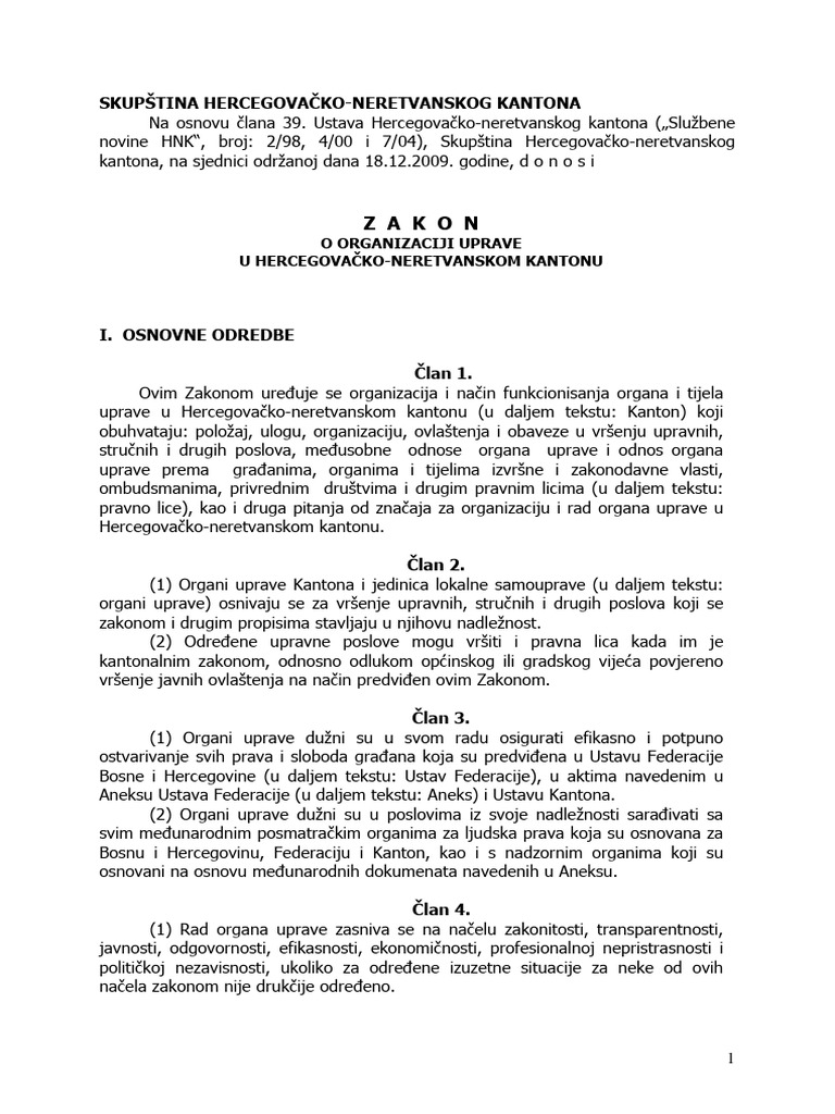 Zakon o Organizaciji Uprave U HNK | PDF