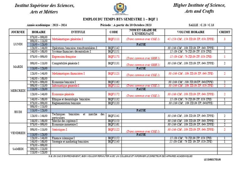 BQF 1 - Semestre 1 - BQF 1 - 2023 - 2024 | PDF