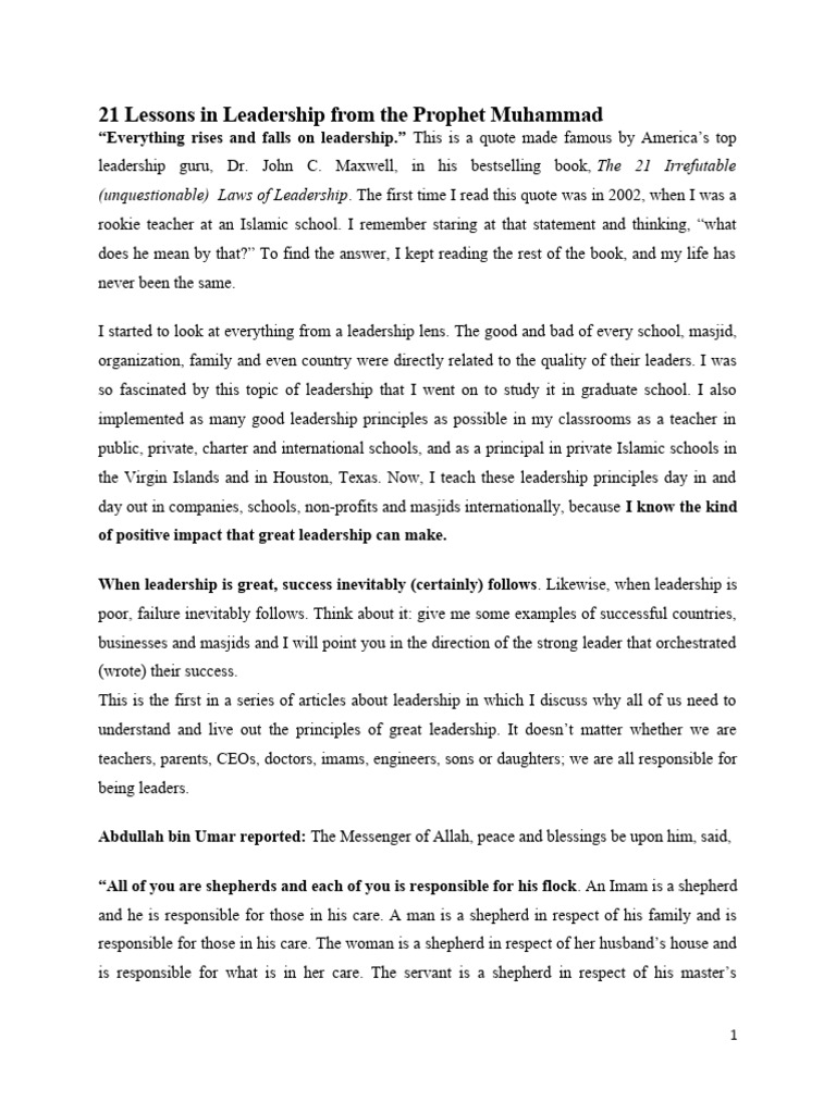21 Lessons in Leadership From The Prophet Muhammad Part I and Part II | PDF