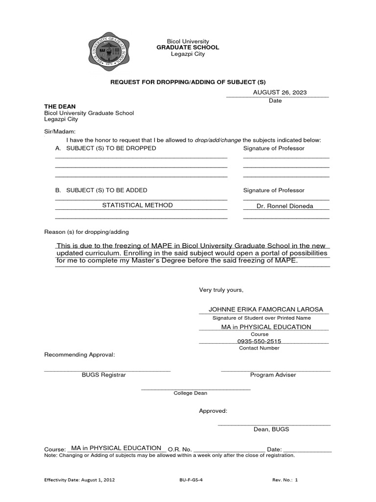 Request to Drop/Add Graduate Subjects | PDF