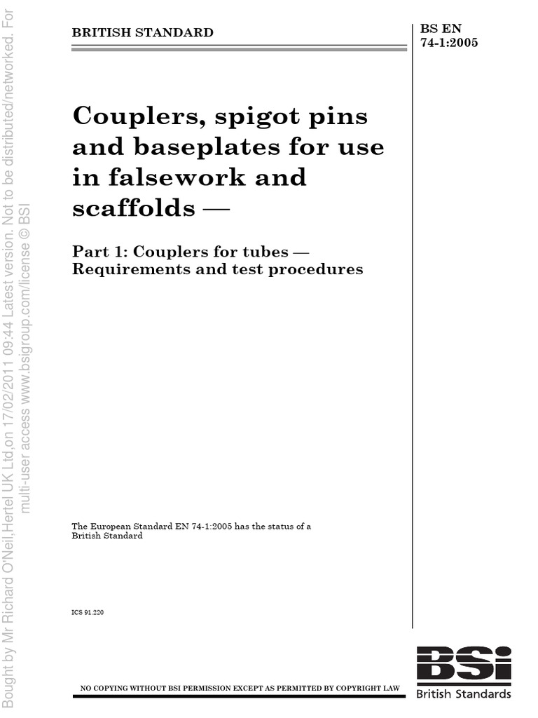 BS en 74-1-2005 Couplers, Spigot Pins and Baseplates For Use in ...