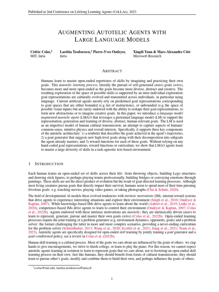 CoLLAs 2023 Augmenting Autotelic Agents With Large Language Models Towards Open Ended Skill ...