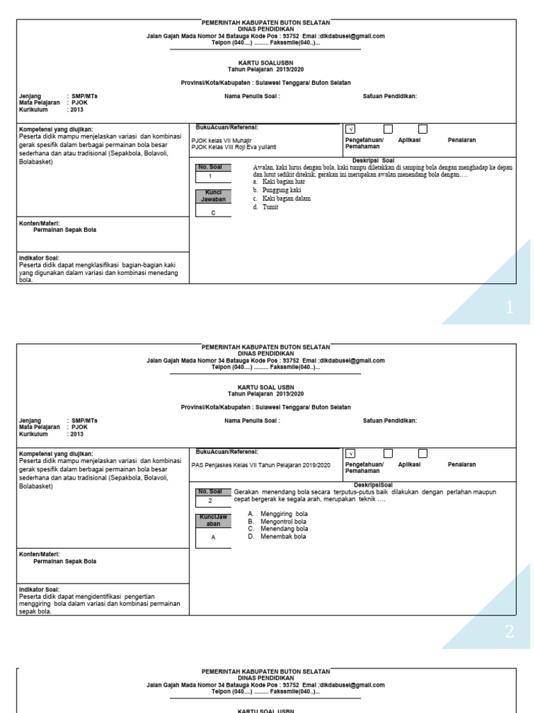 Kartu Soal US Penjas K13 (Susulan) | PDF