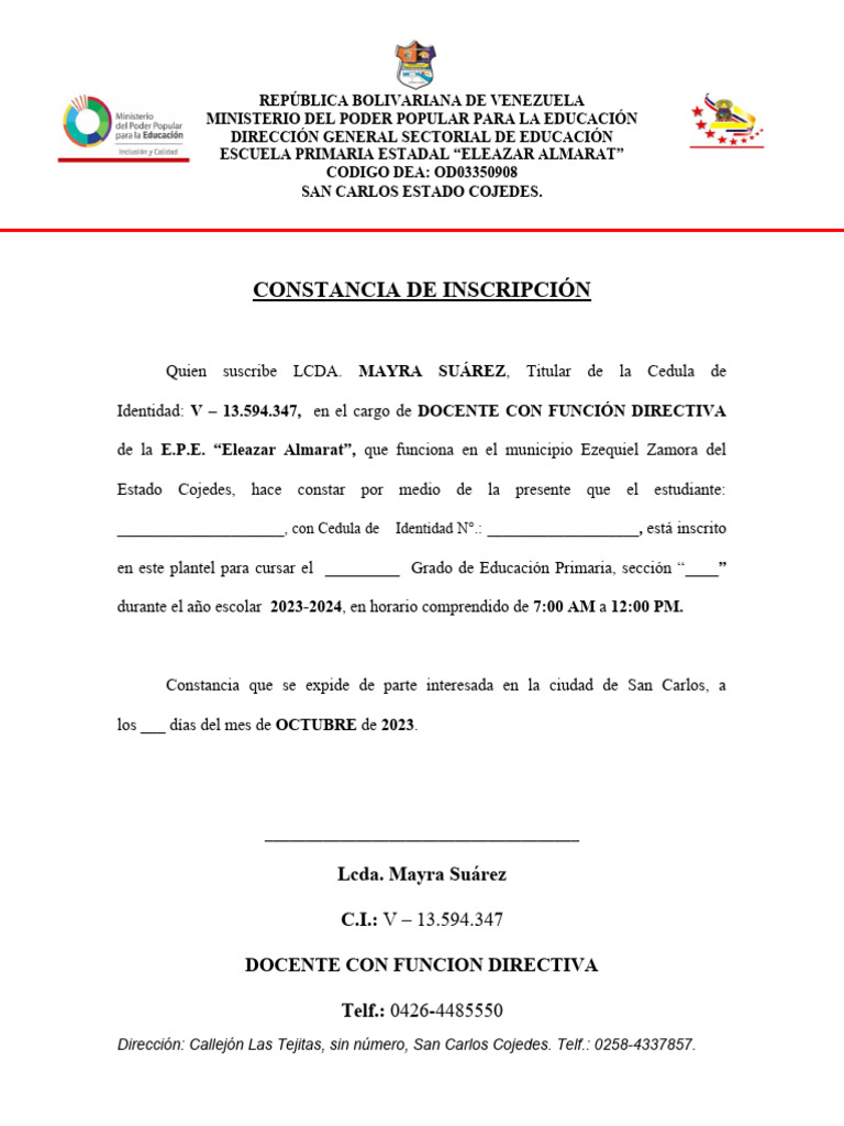 Constancia Inscripción Primaria 2023-2024 | PDF