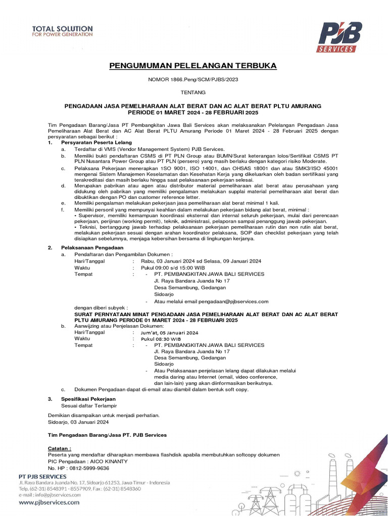 1866 Pengumuman Pengadaan Jasa Pemeliharaan Alat Berat Dan AC Alat ...