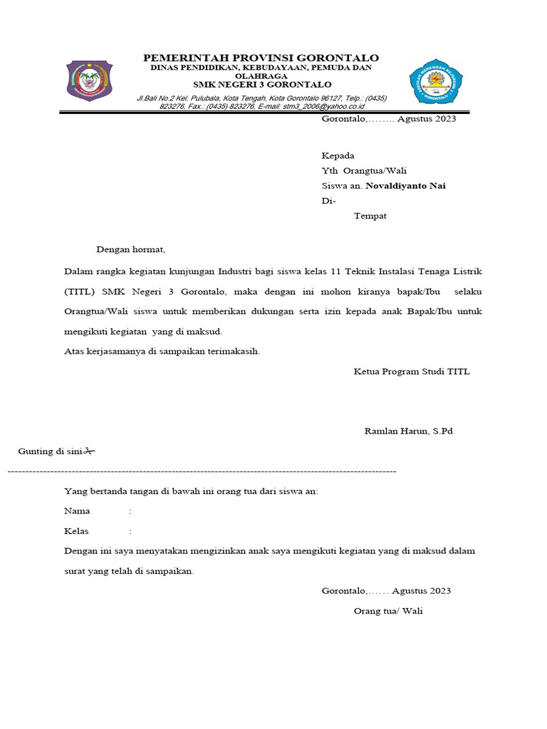 Surat Izin Orang Tua Study Tour | PDF