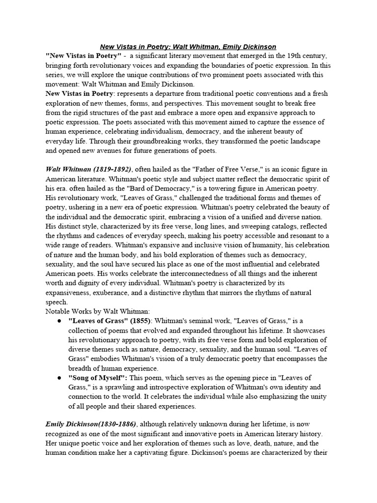 New Vistas in Poetry - Walt Whitman, Emily Dickinson | PDF