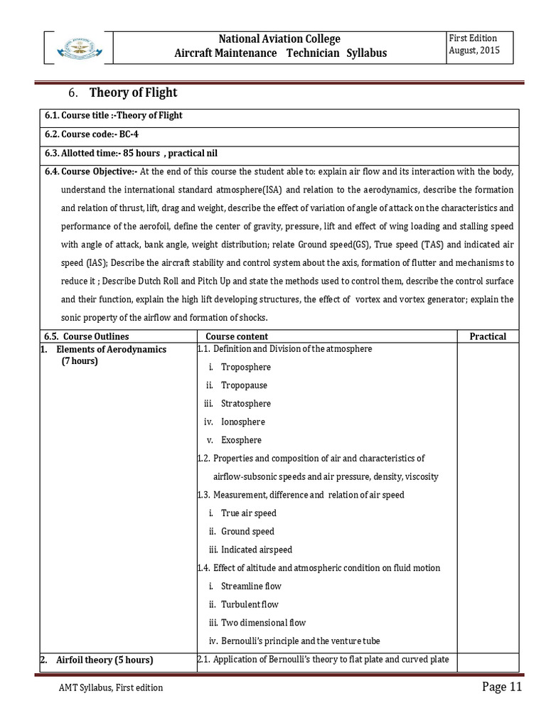 NAC Theory of Flight Syllabus | PDF | Lift (Force) | Atmosphere Of Earth