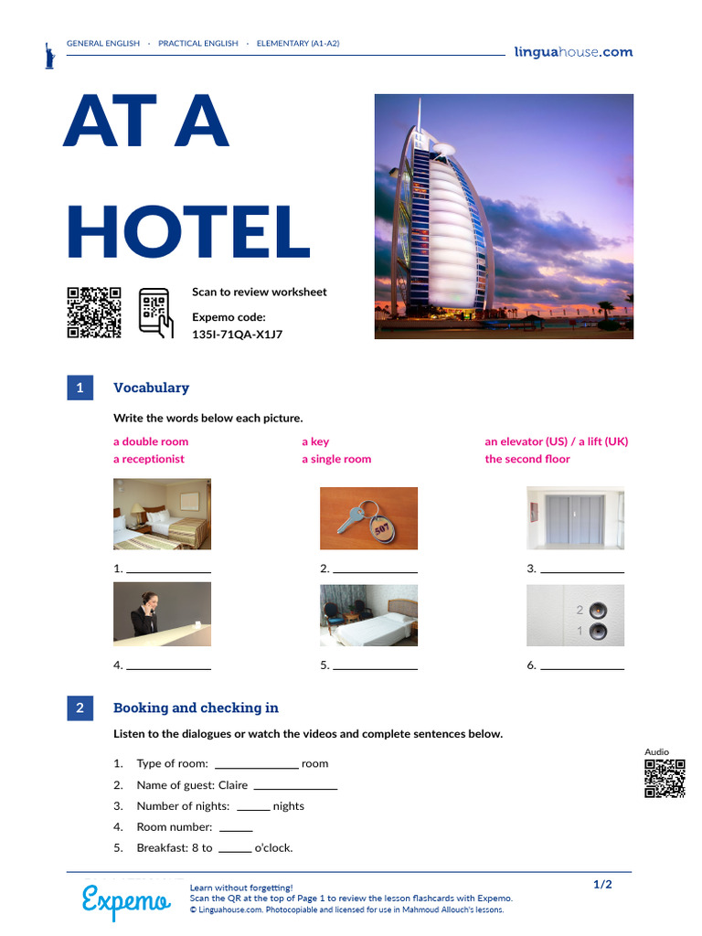 Hotel English Vocabulary A1-A2 | PDF