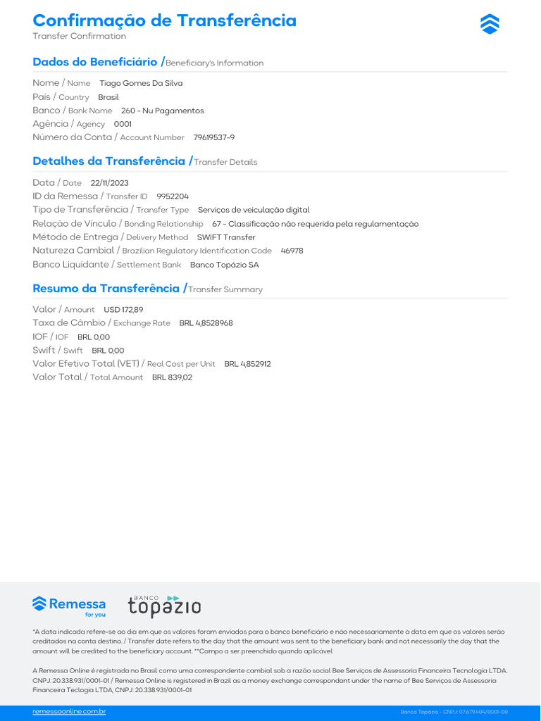 Confirmação de Transferência Banco Topázio | PDF