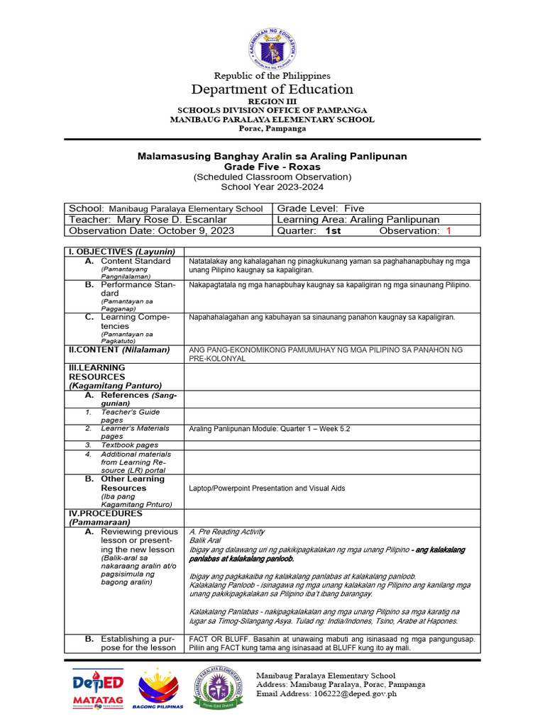 Semi Detailed Lesson Plan in Araling Panlipunan | PDF
