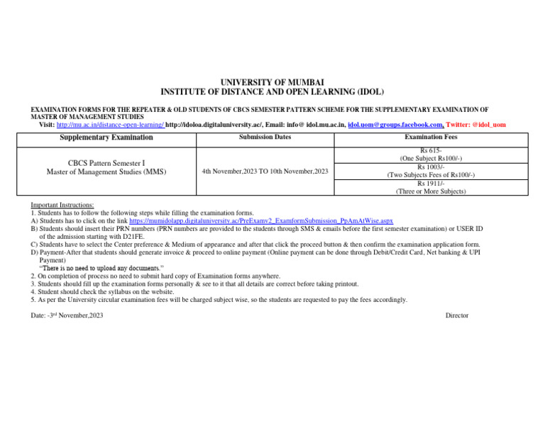 MMS Sem I II Examination Forms For Repeaters Late Fees Round | PDF