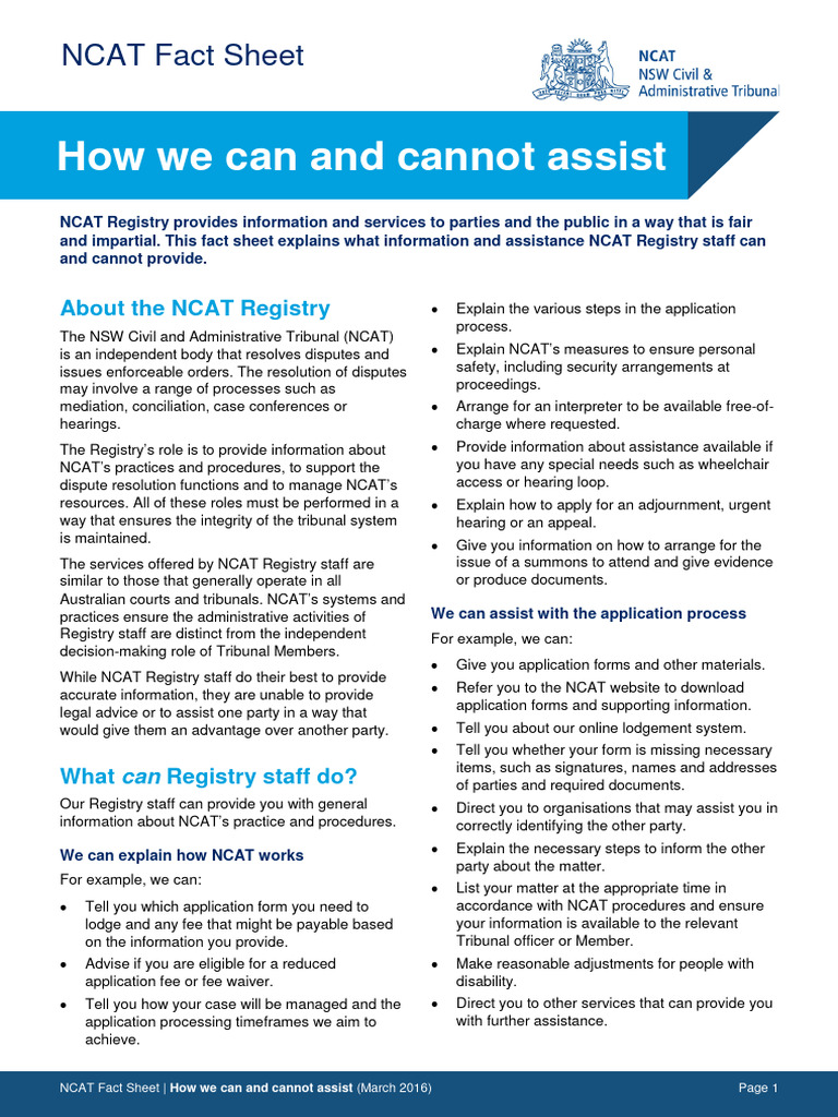 Ncat Factsheet How We Can and Cannot Assist | PDF | Tribunal | Information