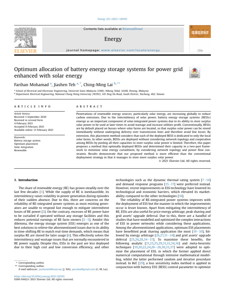 Optimum Allocation Of Battery Energy Storage Systems For Power Grid Pdf Mathematical