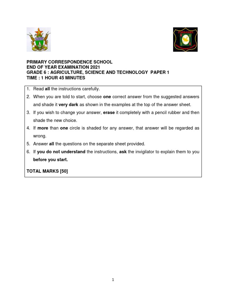 Grade 6 Agric, Science and Tech Paper 1 | PDF