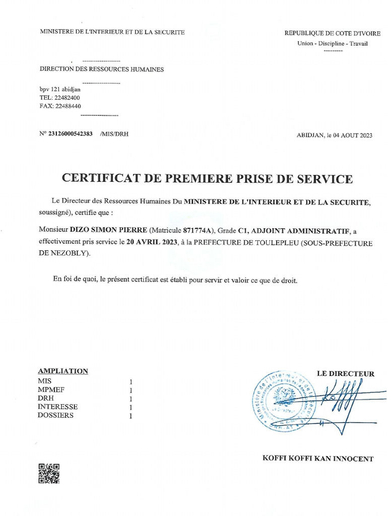 Certificat de Prise de Fonction | PDF