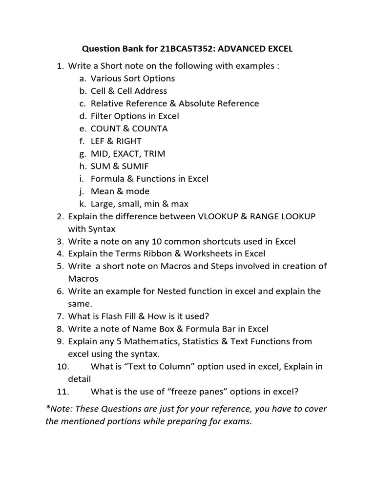 Question Bank For 21bca5t352 - Advanced Excel | PDF | Computers