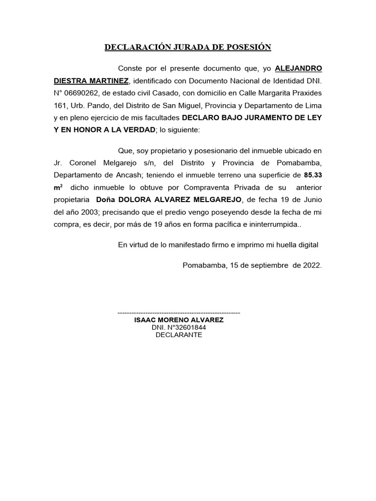 DECLARACIÓN JURADA DE POSESIÓN | PDF