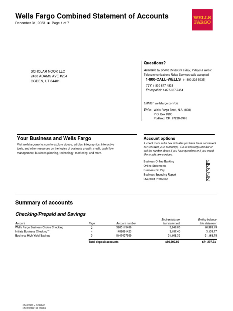 WELS FARGO Bank - Statement - 123123 | PDF | Transaction Account | Debit Card
