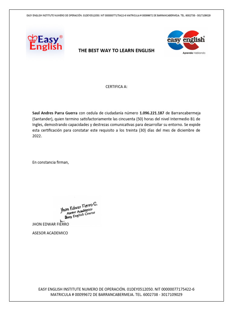 Certificado Ingles | PDF