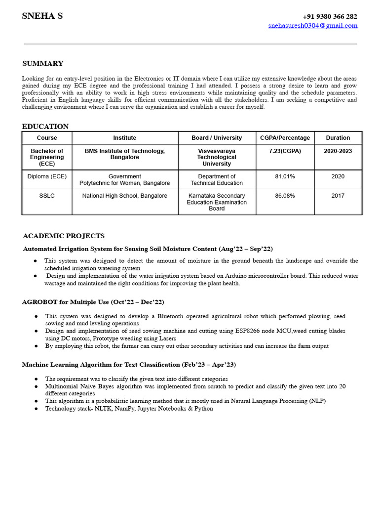 Resume Sneha Pdf Programmable Logic Controller Computer Programming