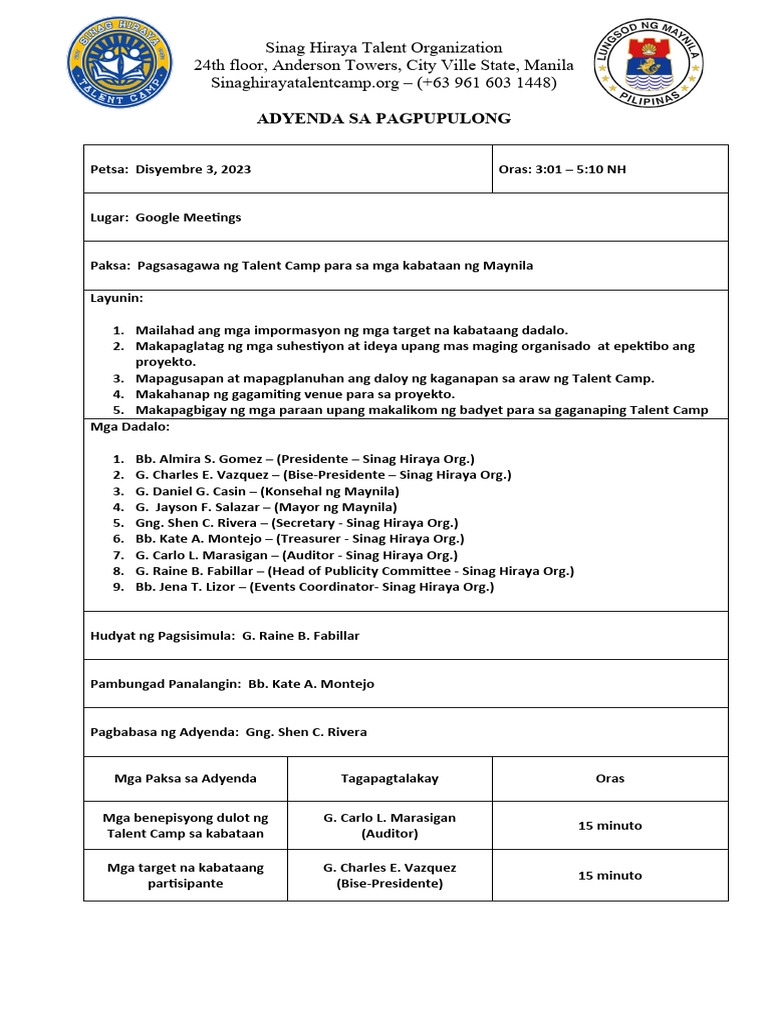 Pormat Sa Pagsulat NG Adyenda GR 3 | PDF