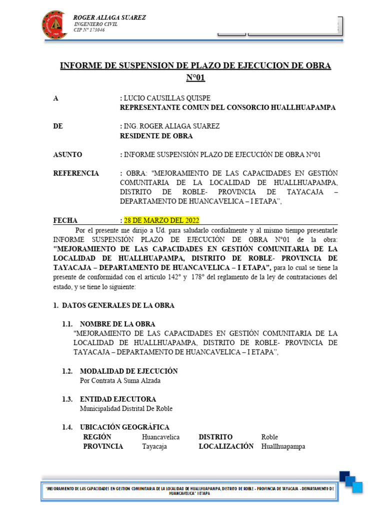 Informe de Suspension de Plazo de Ejecucion N°01 | PDF