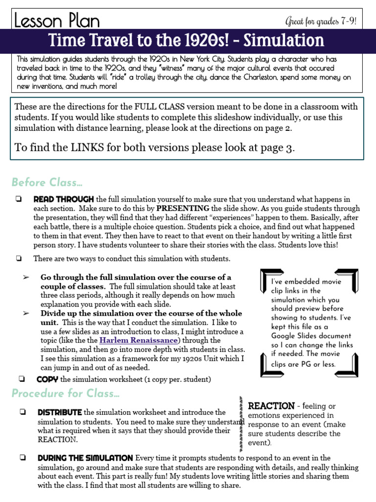 UPDATED - Lesson Plan - 1920s Simulation | PDF