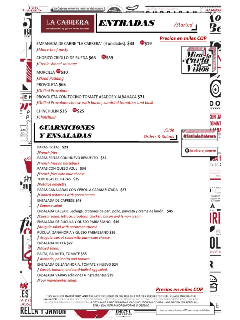 Menú y precios de La Cabrera 2023 | PDF | ensalada | Tocino