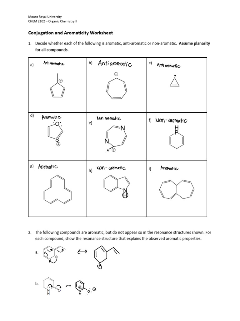 Tutorial 1 - Conjugation and Aromaticity Worksheet | PDF