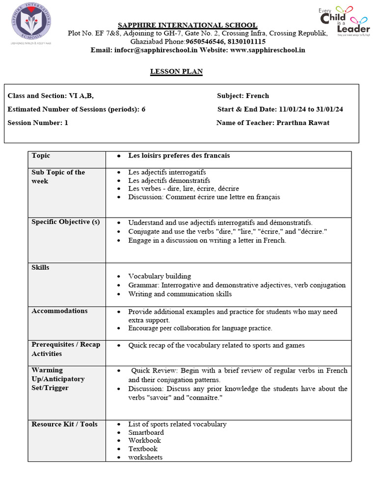 LP Grade Vi Jan | PDF | Lesson Plan | Cognition