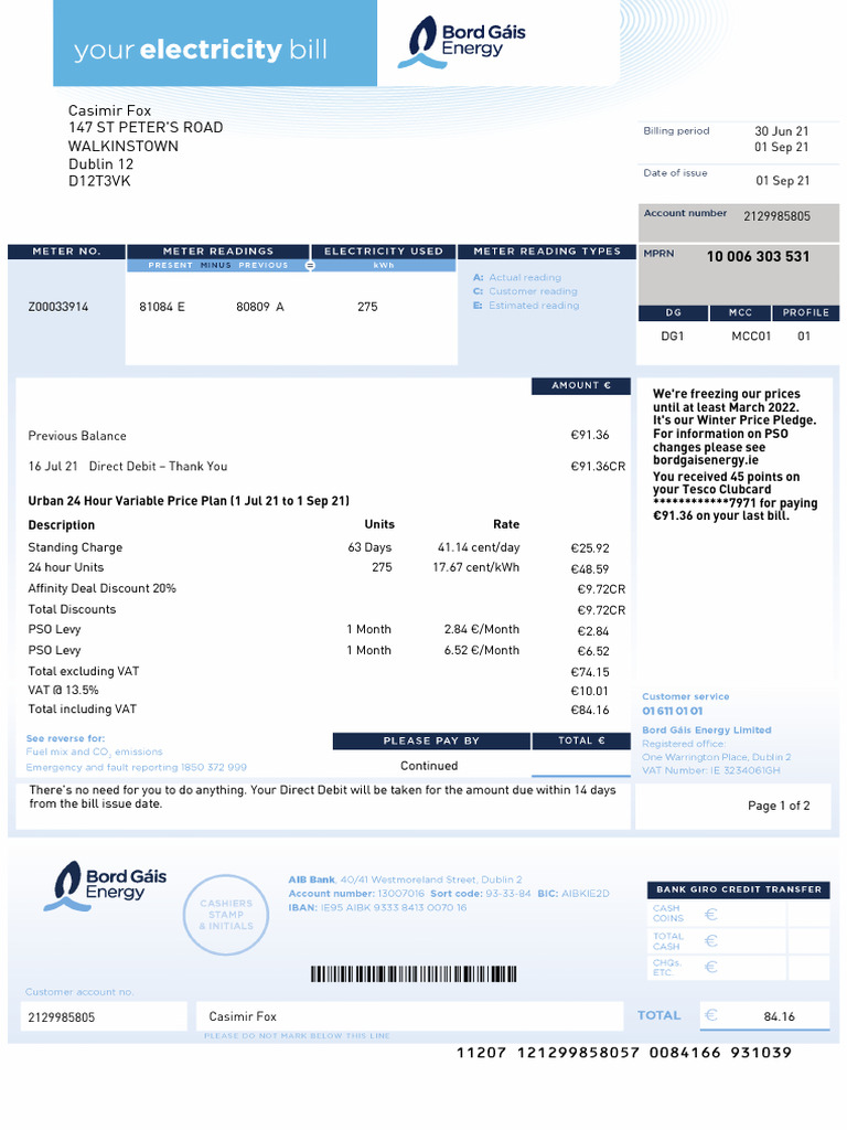 Sample Irish Utility Bill Template | PDF