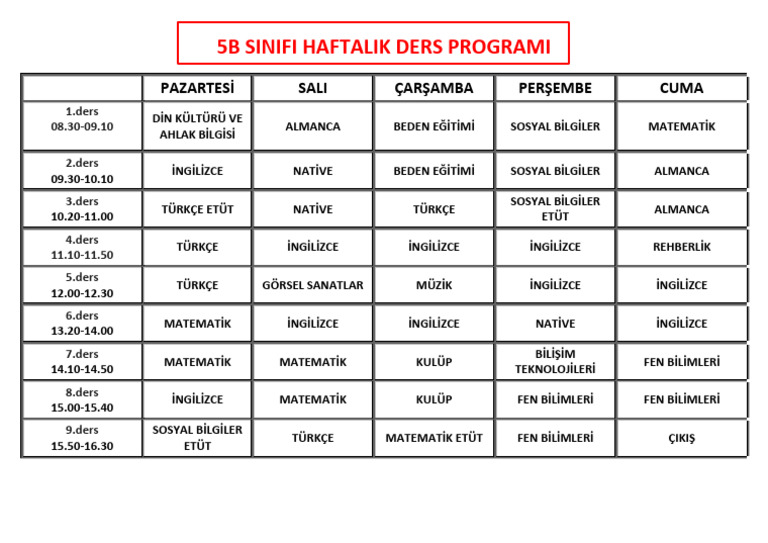 5B SINIFI DERS PROGRAMI | PDF