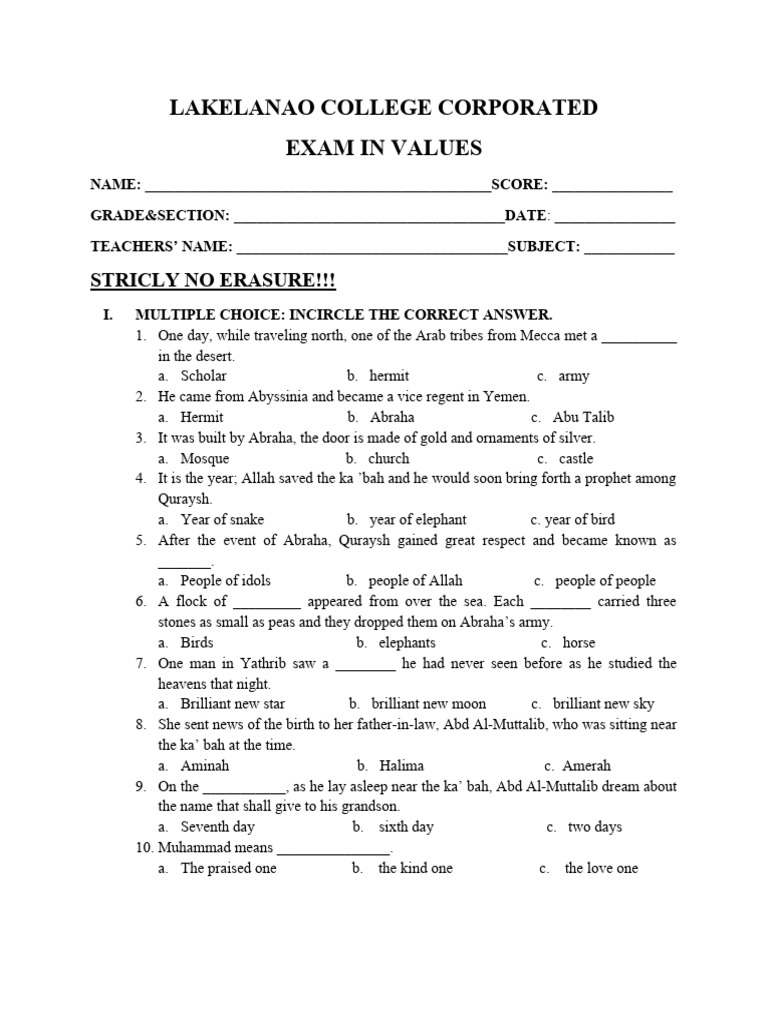 2ND Sem. Exam Values 8910 | PDF | Muhammad | Mecca