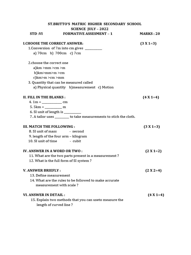 Class 6th Fa - 1 Science QP | PDF | Science & Mathematics | Technology & Engineering