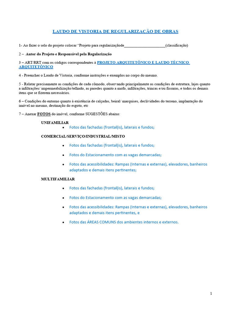 Modelo de Laudo de Vistoria de Regularização de Obra | PDF