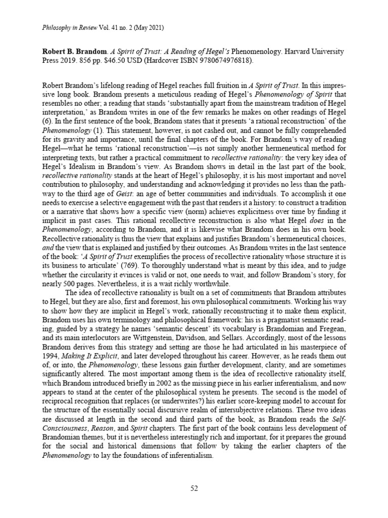 Robert B Brandom A Spirit of Trust A Rea | PDF