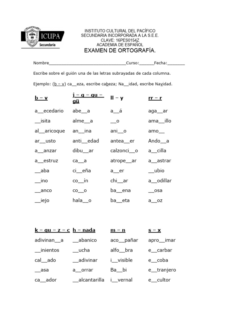 Examen de Ortografia 4 | PDF