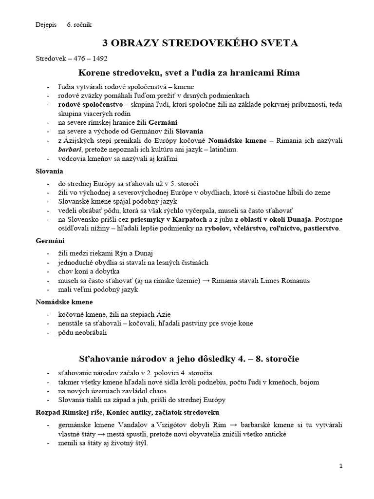 Poznámky Dej 6. Ročník TC Obrazy Stredovekého Sveta | PDF